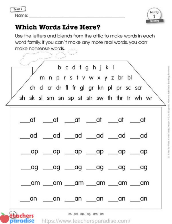 20 Week-by-Week Word Family Learning Packets for Grades K–2 by ...