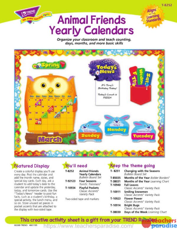 Animal Friends Yearly Calendars Mini Bulletin Boards by TREND ...