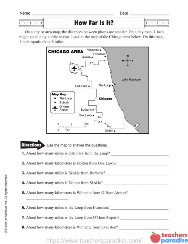 Chicago Map Worksheet - How Far Is It? by Harcourt Achieve Inc ...