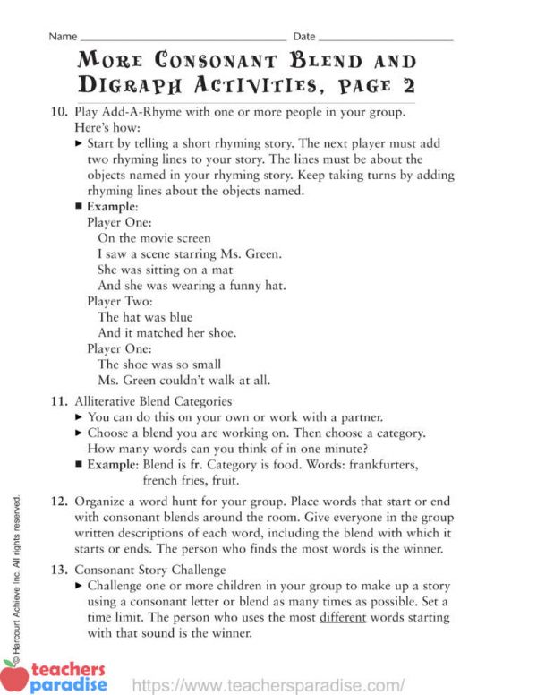 Consonant Blend And Digraph Activities Worksheet by Harcourt Achieve ...