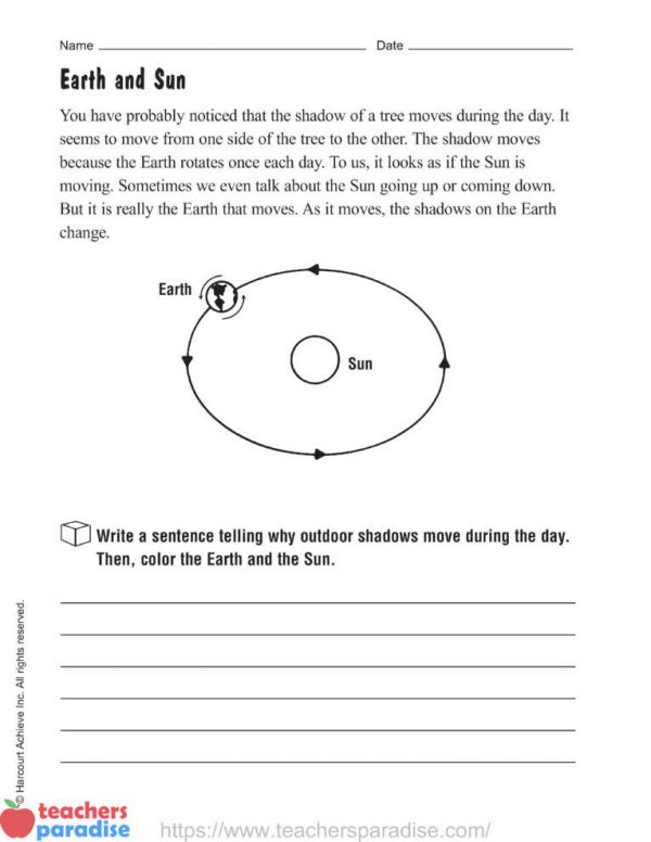Earth and Sun Writing Worksheet by Harcourt Achieve Inc - TeachersParadise