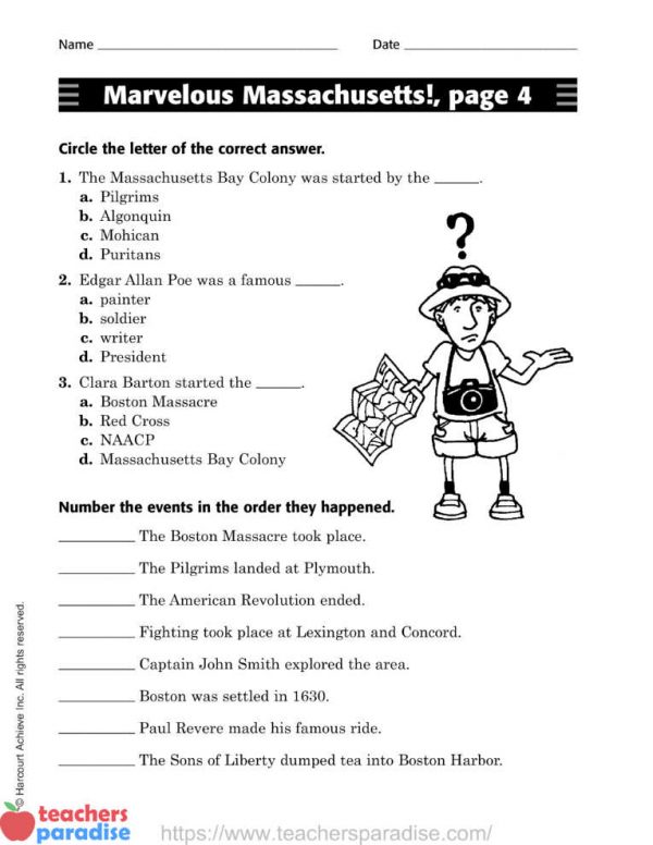Marvelous Massachusetts Activity and Worksheet by Harcourt Achieve Inc ...